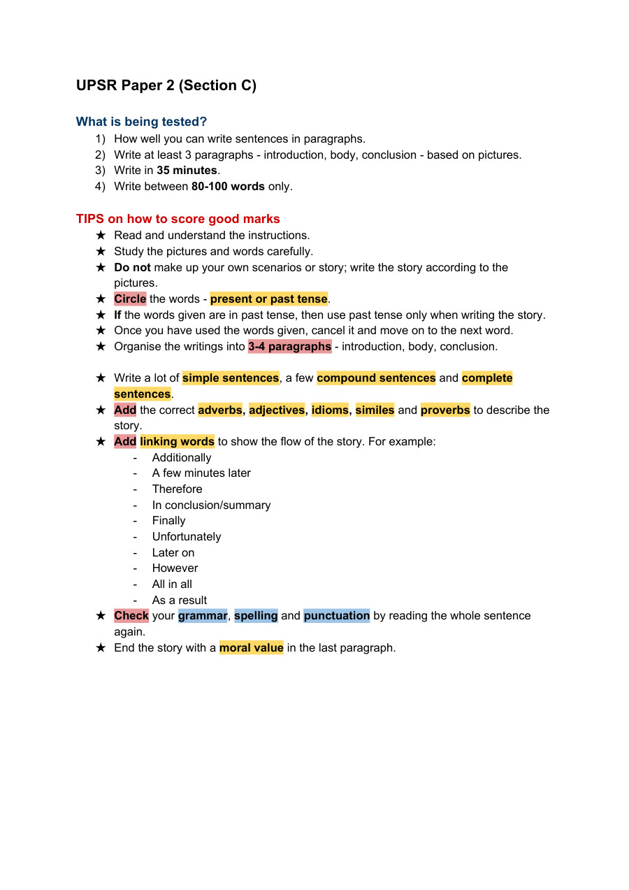 Notes On UPSR English Paper 2 (Section C) - Notes - MyPrivateTutor Malaysia