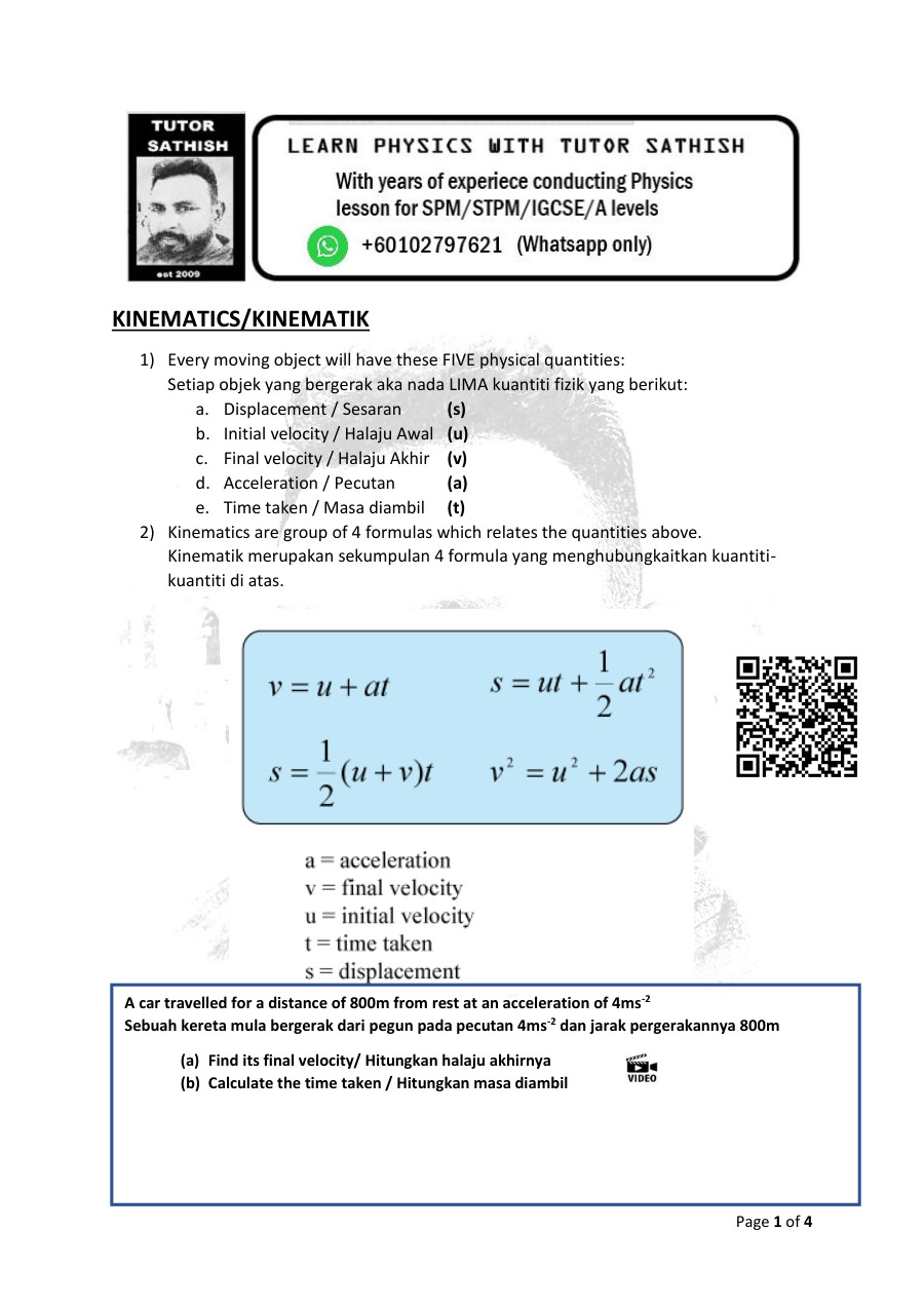 Notes On Kinematics - Notes - MyPrivateTutor Malaysia